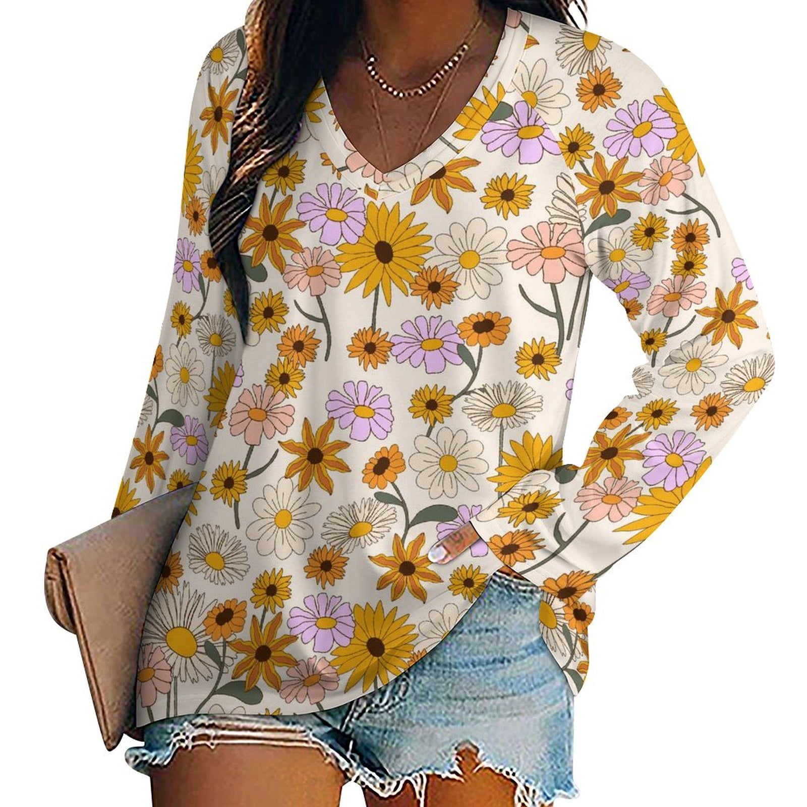 Long Sleeve Shirts for Women - Boho Flowers V Neck Loose Fit Womens ...
