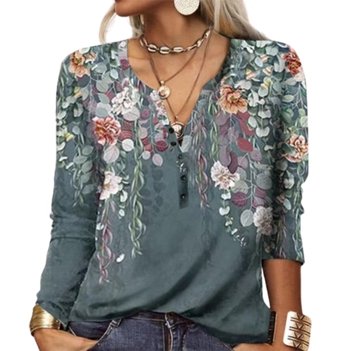Long Sleeve Shirts for Women Dressy Hippie Fall Button Down V-Neck ...