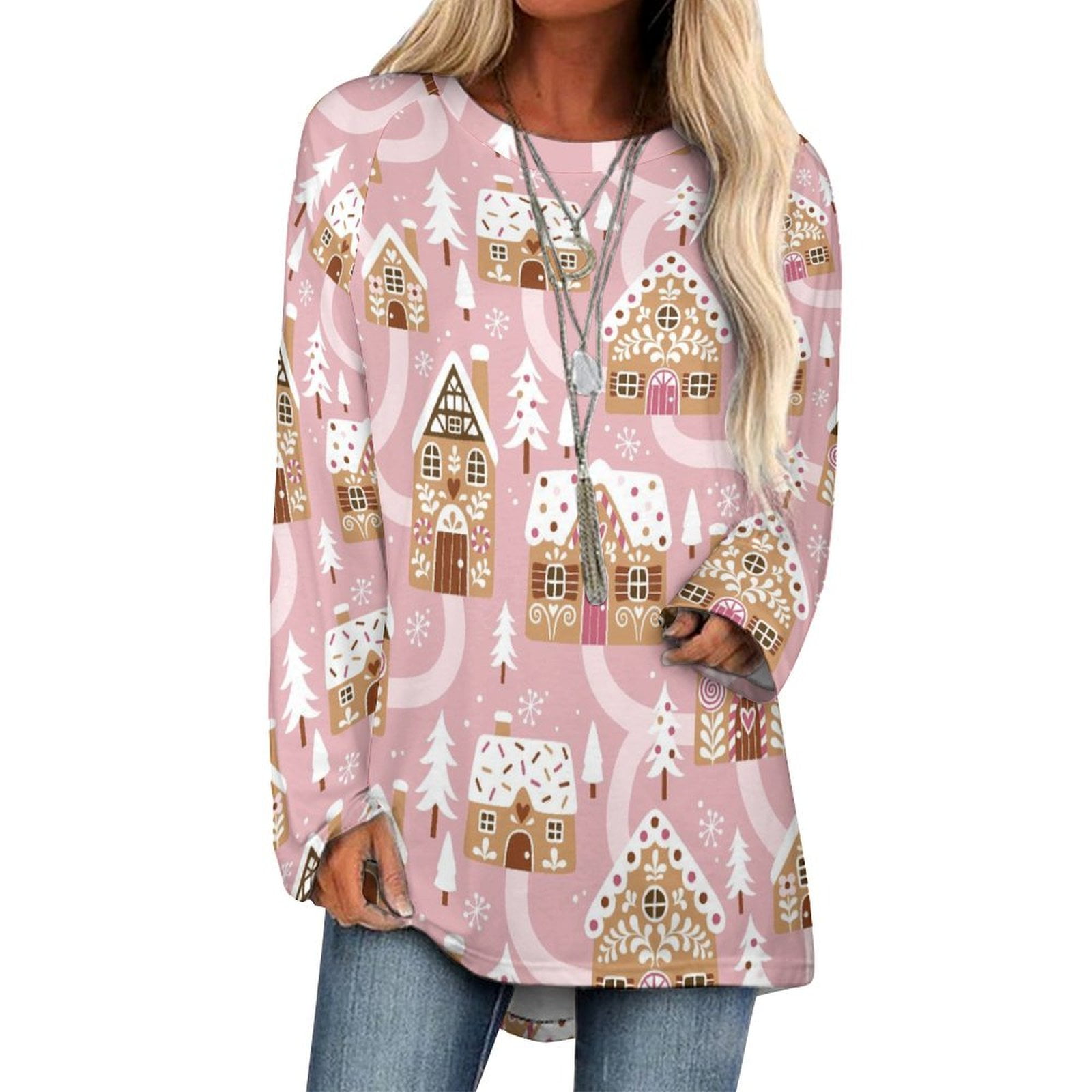 Long Sleeve Shirts for Women, Gingerbread Houses Pink Wonderland ...