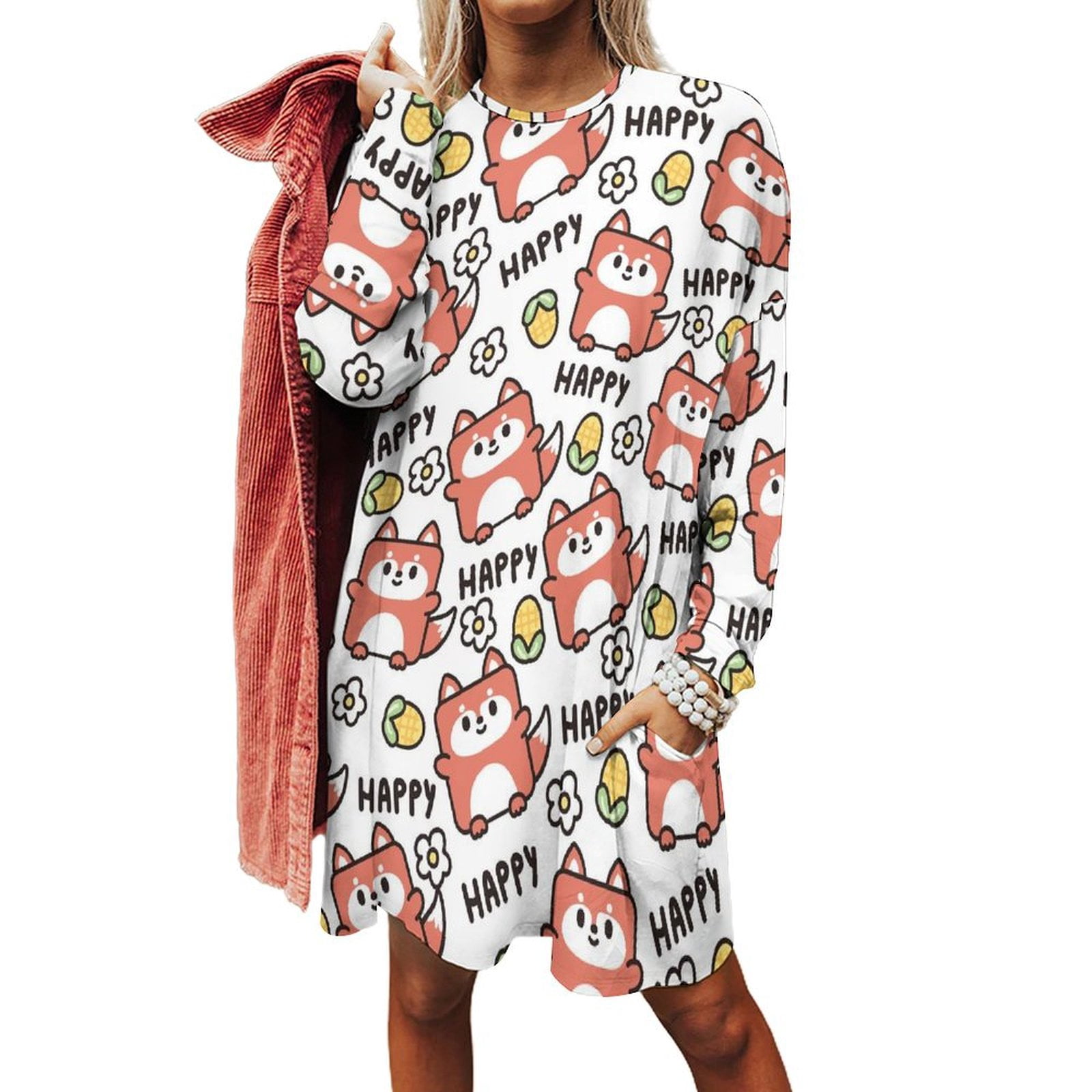 Long Sleeve Shirts for Women - Happy Foxy Faces Womens Long Sleeve T ...