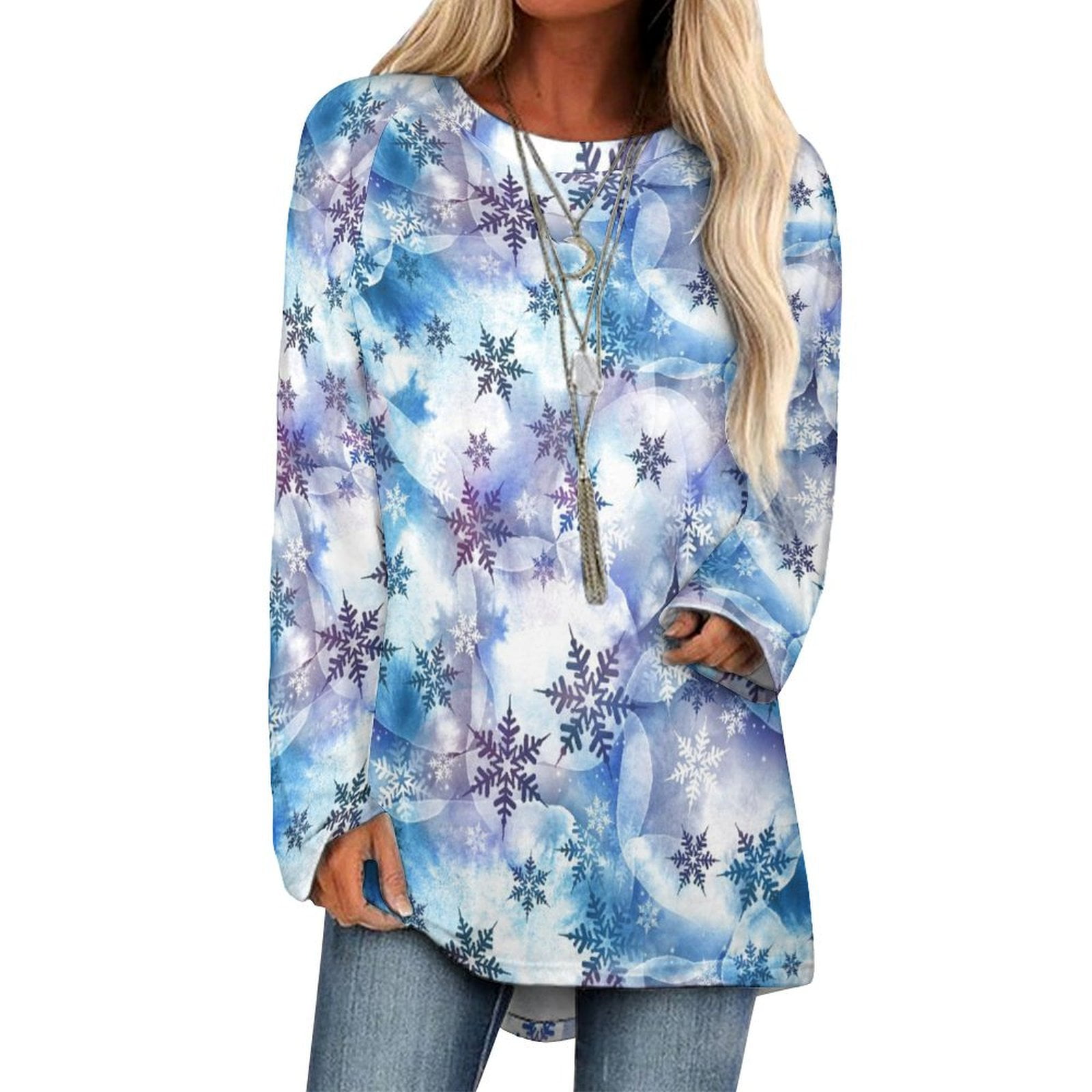 Long Sleeve Shirts for Women, Icy Blue Snowflakes Cuteness Loose Fit ...