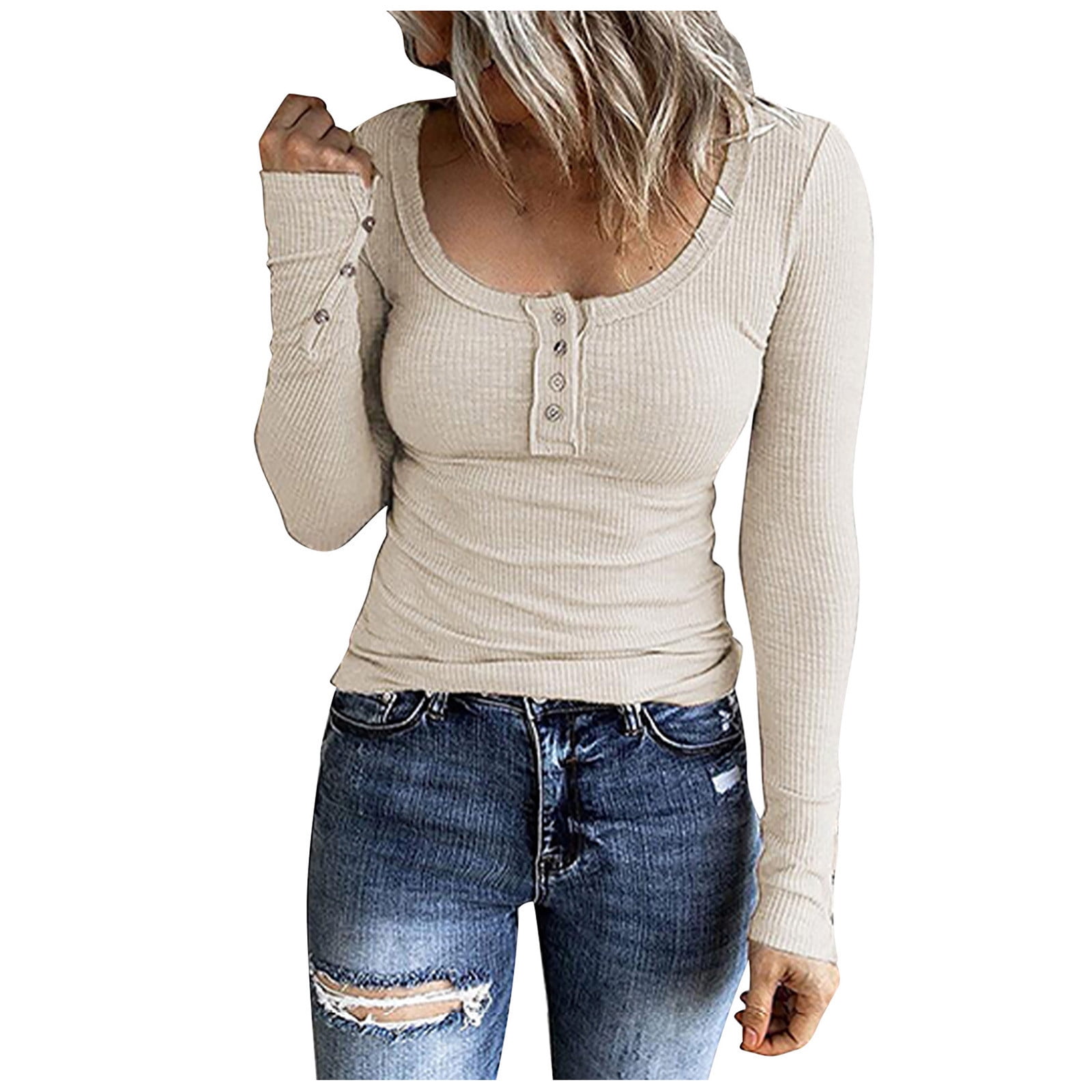Long Sleeve Shirts for Women Low Cut Henley Top Ribbed Knit Shirt Slim ...