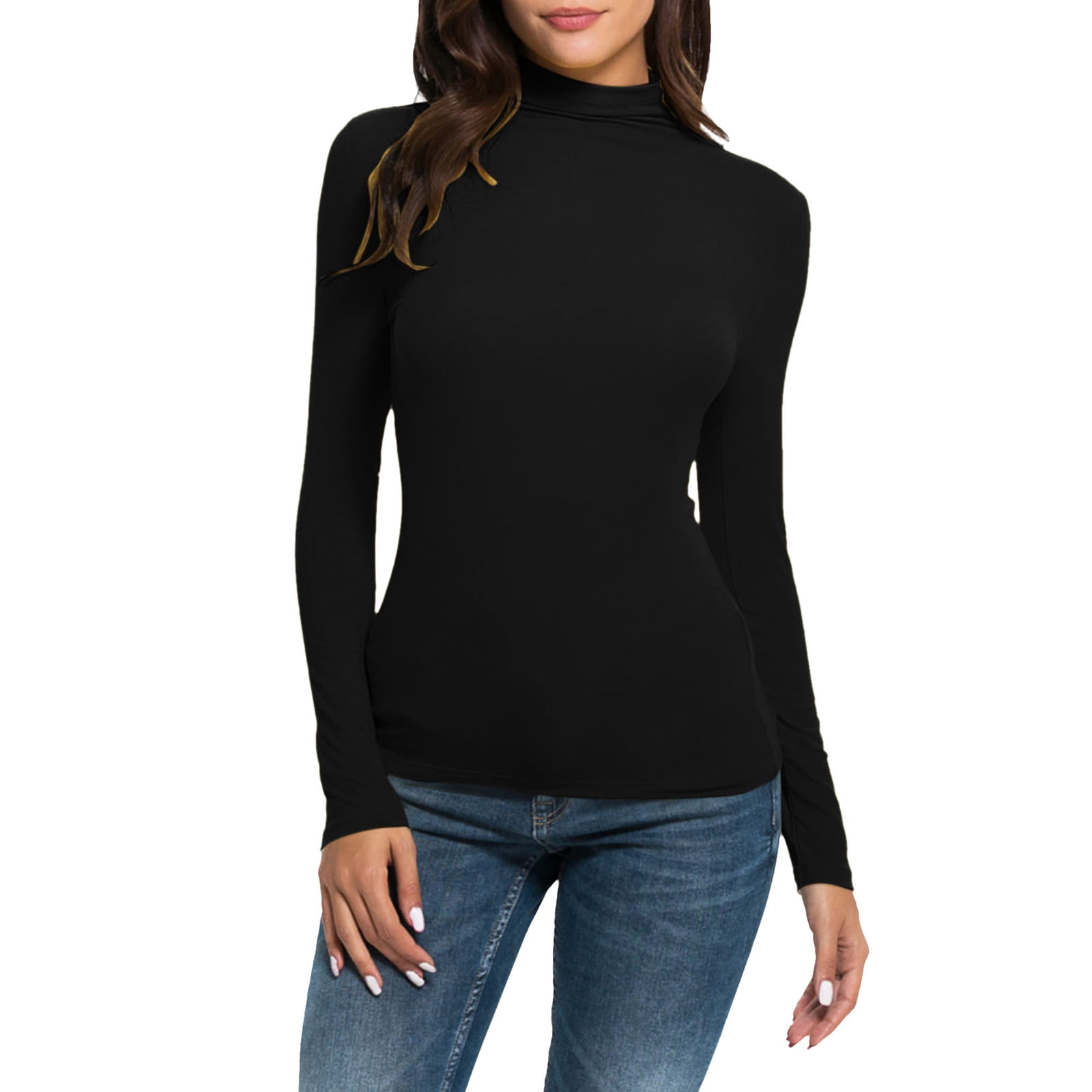 Women Casual Solid Long Sleeve Turtleneck Blouse Tops Slim Fit Stretchy ...
