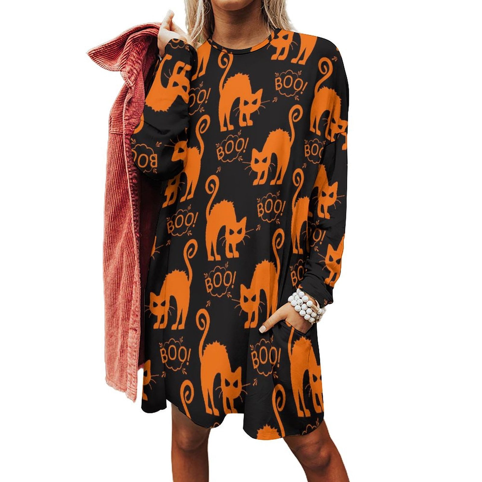Long Sleeve Shirts for Women with Pocket - Boo Cat Halloween Womens ...