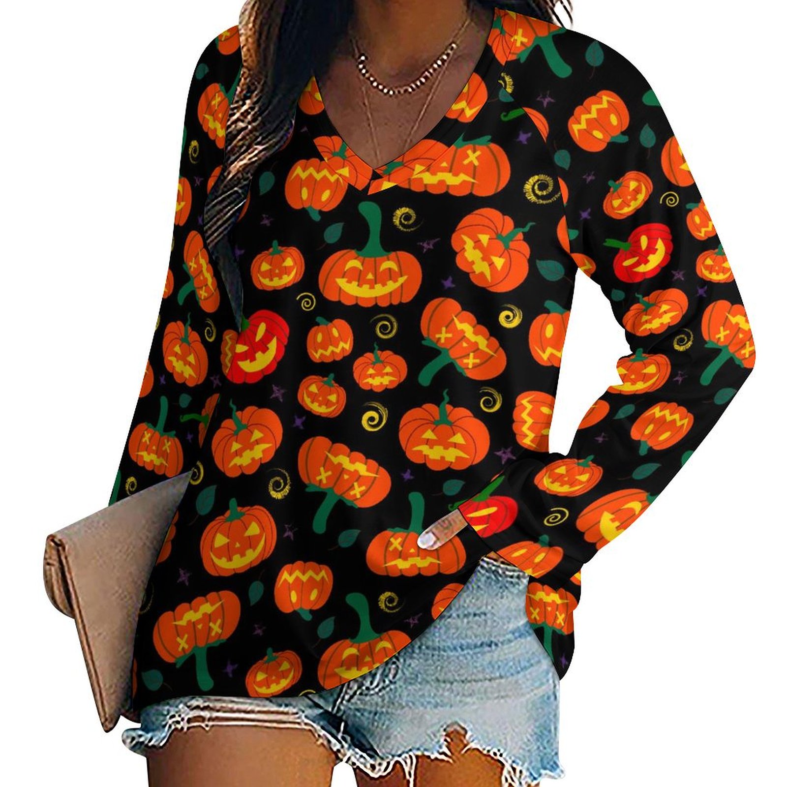 Long Sleeve Shirts for Women - Pumpkin Fallen Leaves V Neck Womens Long ...