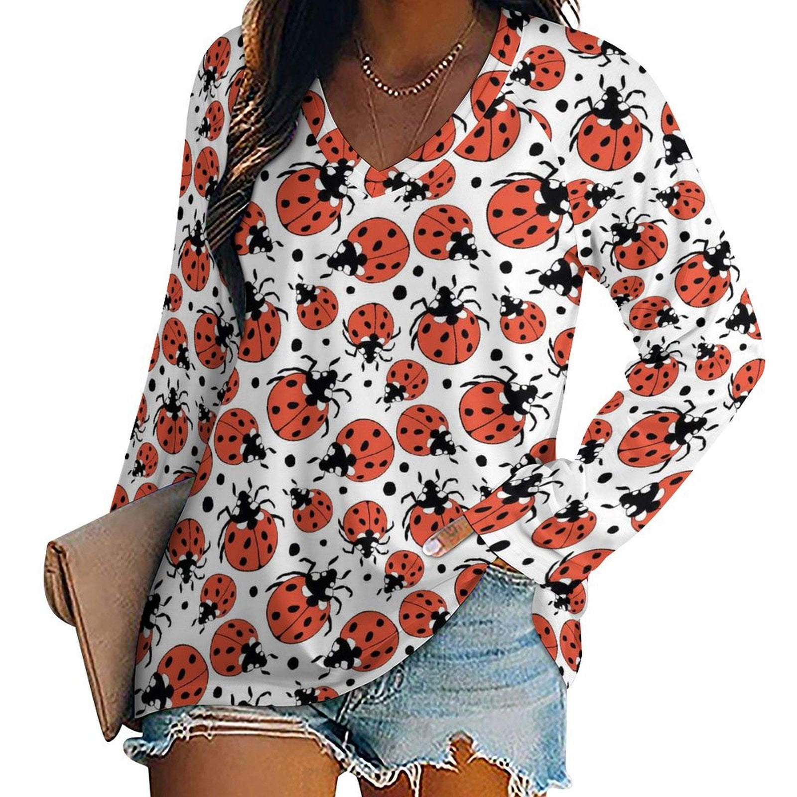Long Sleeve Shirts for Women - Red Ladybugs V Neck Womens Long Sleeve T ...