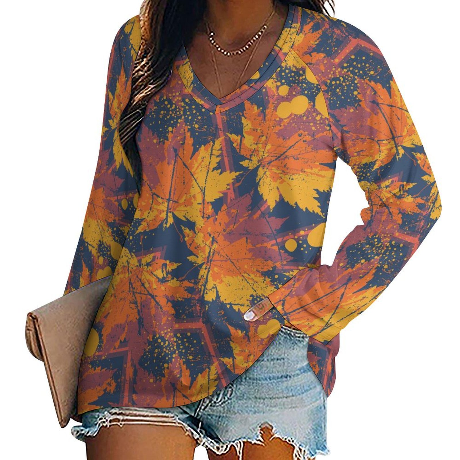 Long Sleeve Shirts for Women - Vintage Abstract Maple Leaf Art V Neck ...