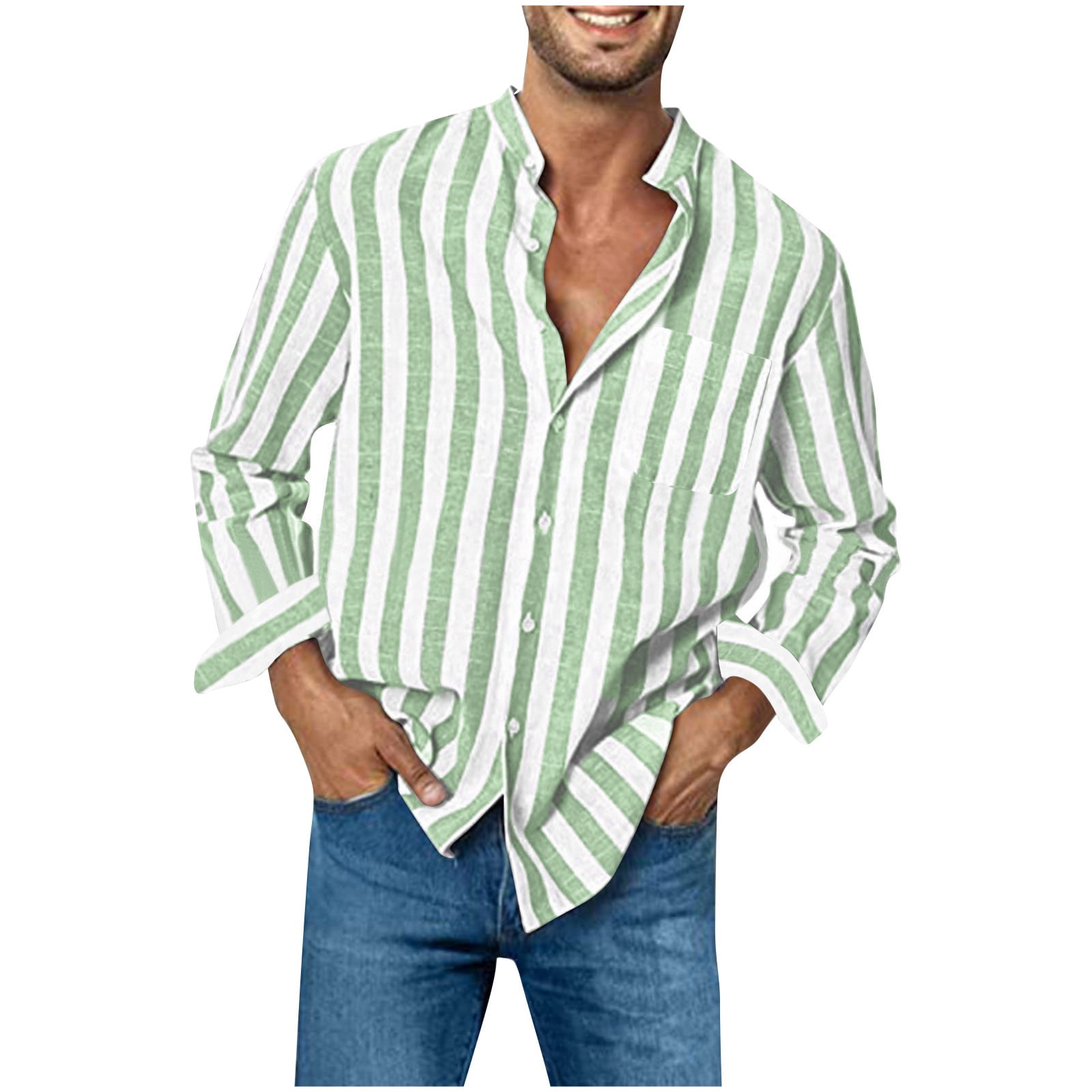 Long Sleeve Shirts for Men Cotton Casual Printed Button Cardigan Pocket ...