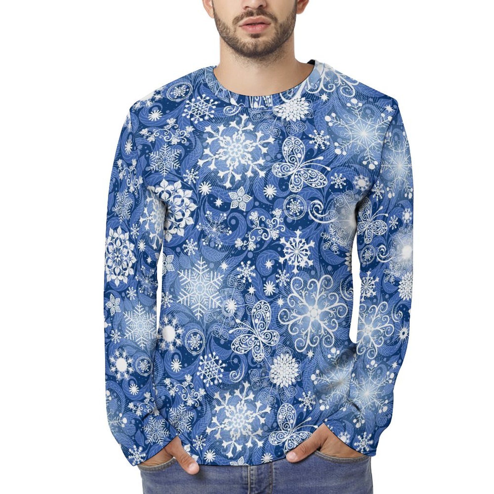 Long Sleeve Shirts for Men - Whiet Snowflake Blue Background Crew Neck ...