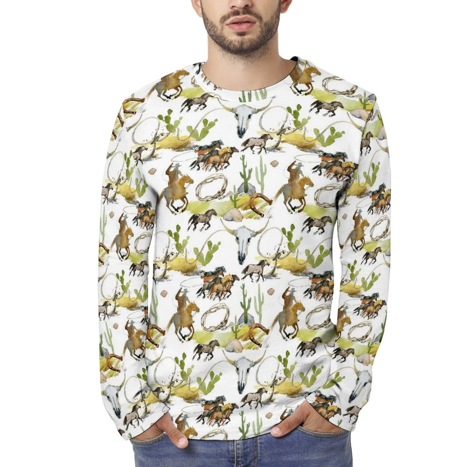 Long Sleeve Shirts for Men - Wild West Western Crew Neck Casual Mens ...