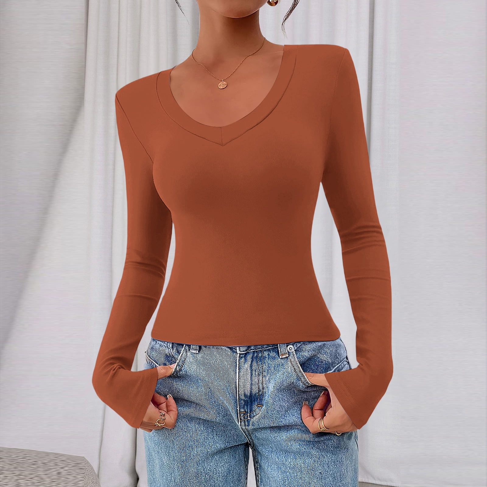 Long Sleeve Shirts for Women 2025 Fall Fashion V Neck Basics Crop Tops ...