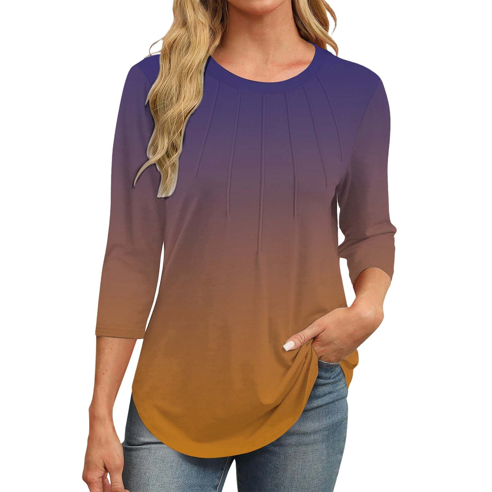 Long Sleeve Shirts for Women 3/4 Length Sleeve Tops Round Neck Casual ...