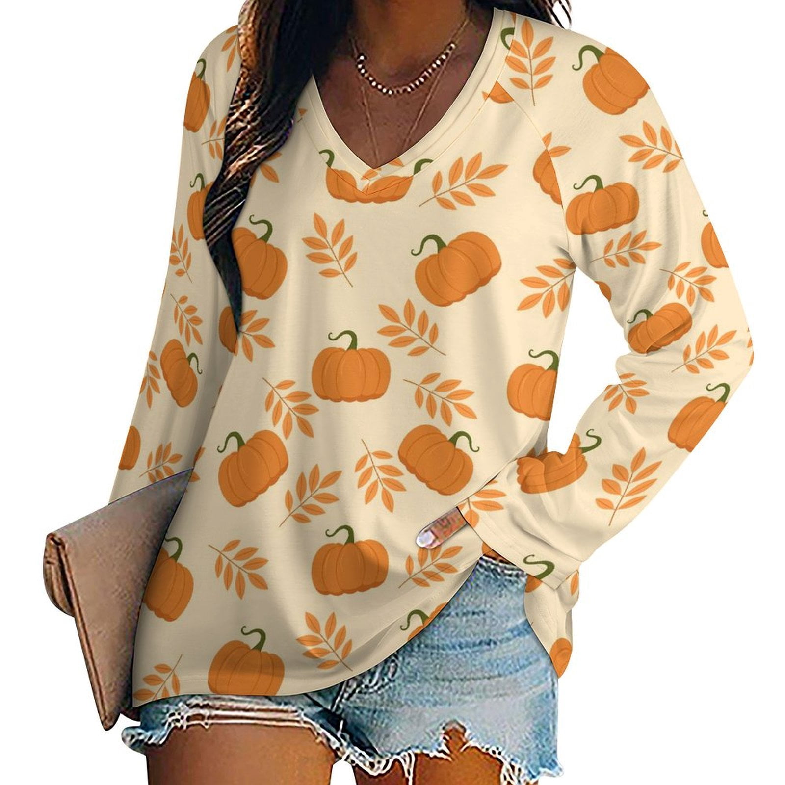 Long Sleeve Shirts for Women Autumn Leaves And Pumpkins Loose Fit V ...