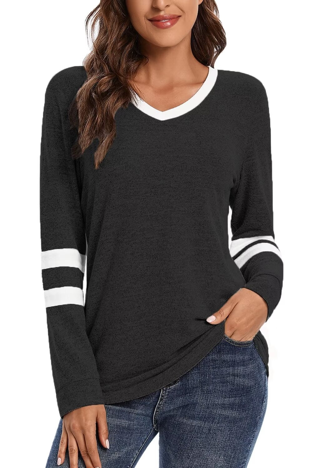 Long Sleeve Shirts for Women Casual V Neck Color Block T-Shirts Tunic ...