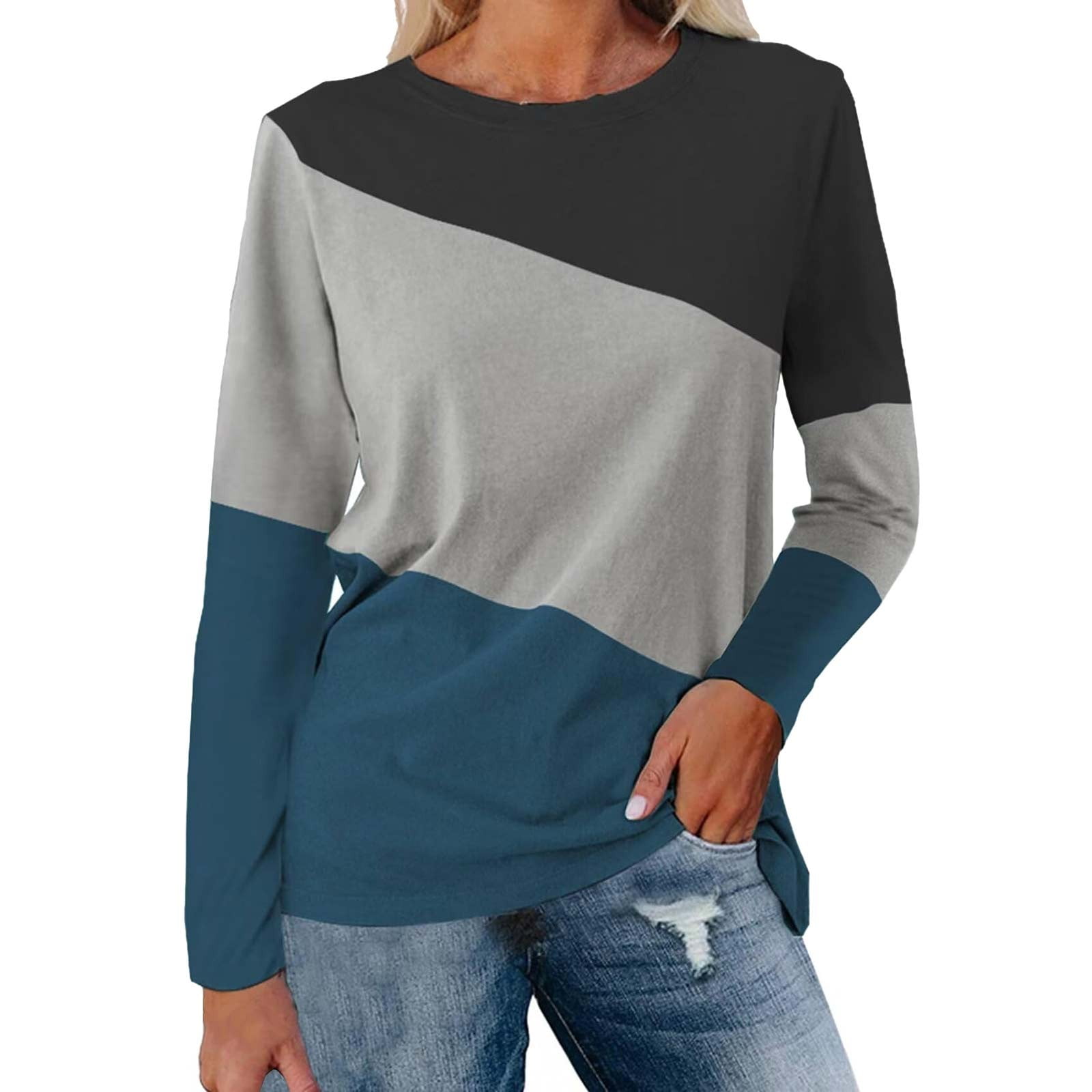 Long Sleeve Shirts for Women Color Block Tunic Tops Casual Long Sleeve ...