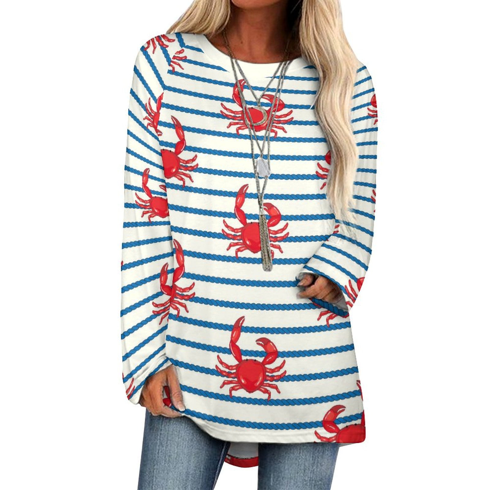 Long Sleeve Shirts for Women Cute Red Crabs With Nautical Loose T ...