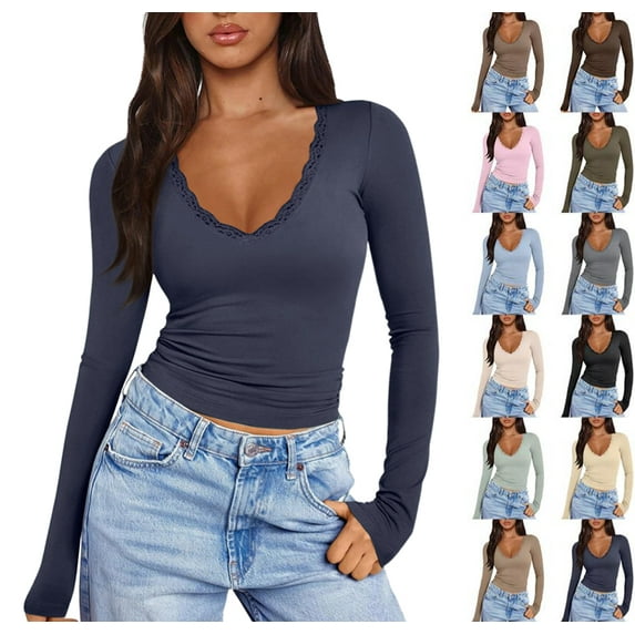 Long Sleeve Shirts for Women Lace V Neck Ribbed Fitted T-Shirt Dressy ...