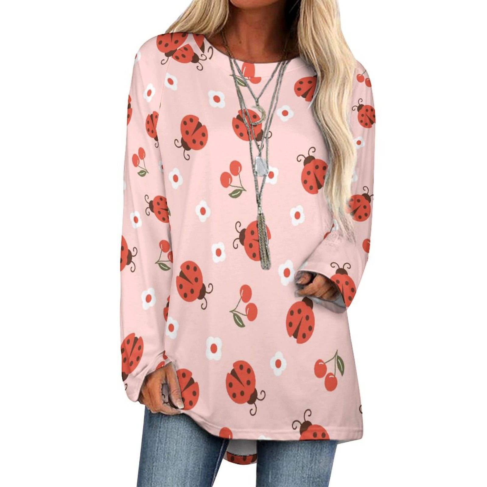 Long Sleeve Shirts for Women Ladybug With Flower Loose T Shirts Round ...