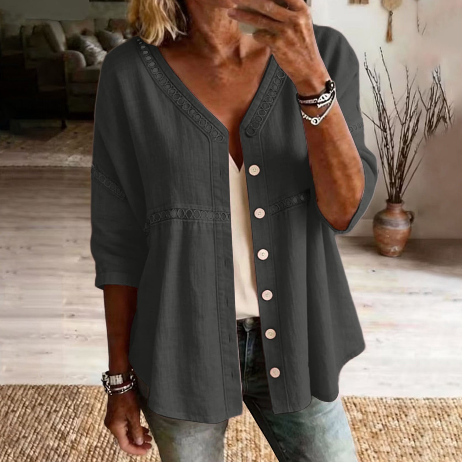 Long Sleeve Shirts for Women Linen Basic Work Blouses Tops Fall ...