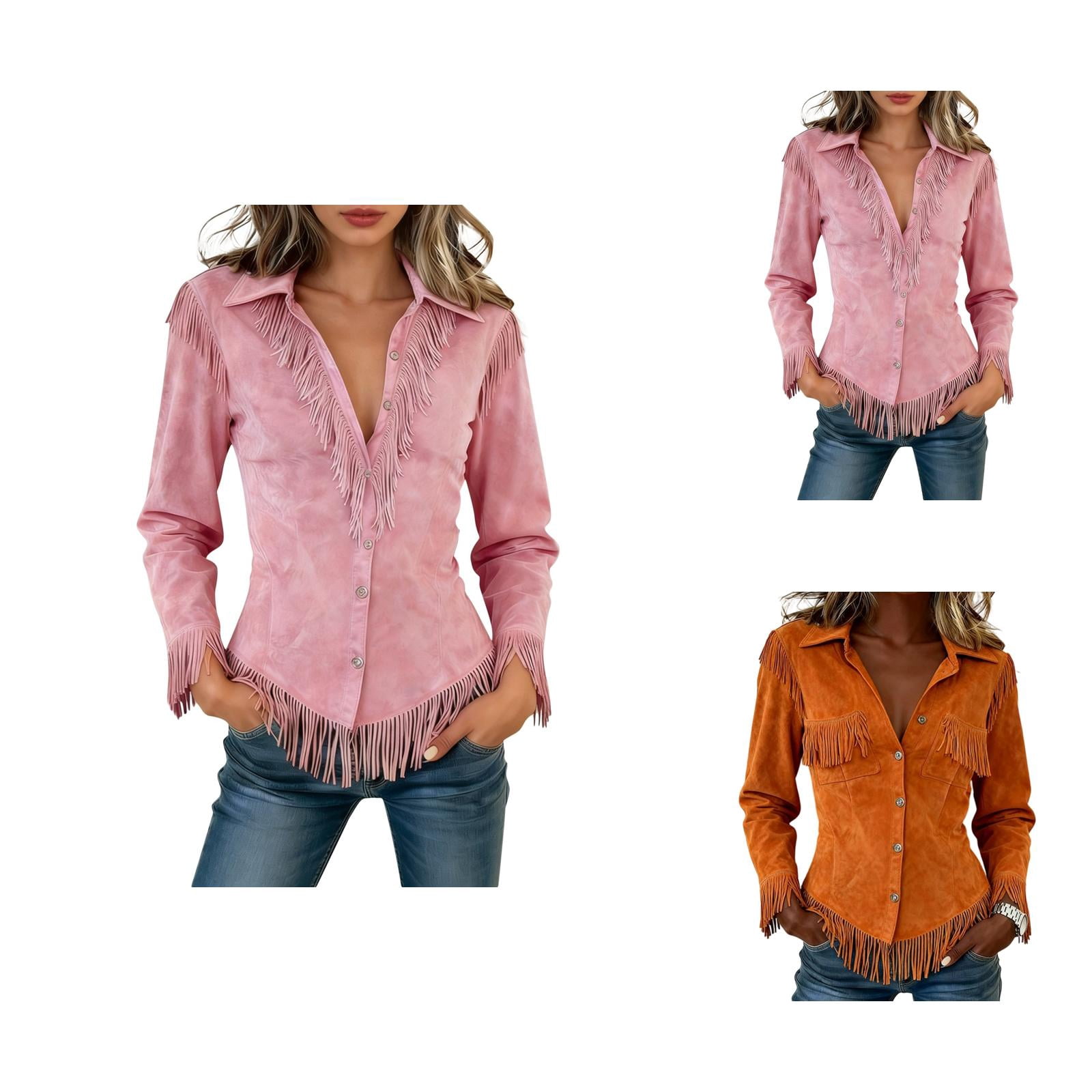 Long Sleeve Shirts for Women Western Cowgirl Suede Fringe Button Lapel ...