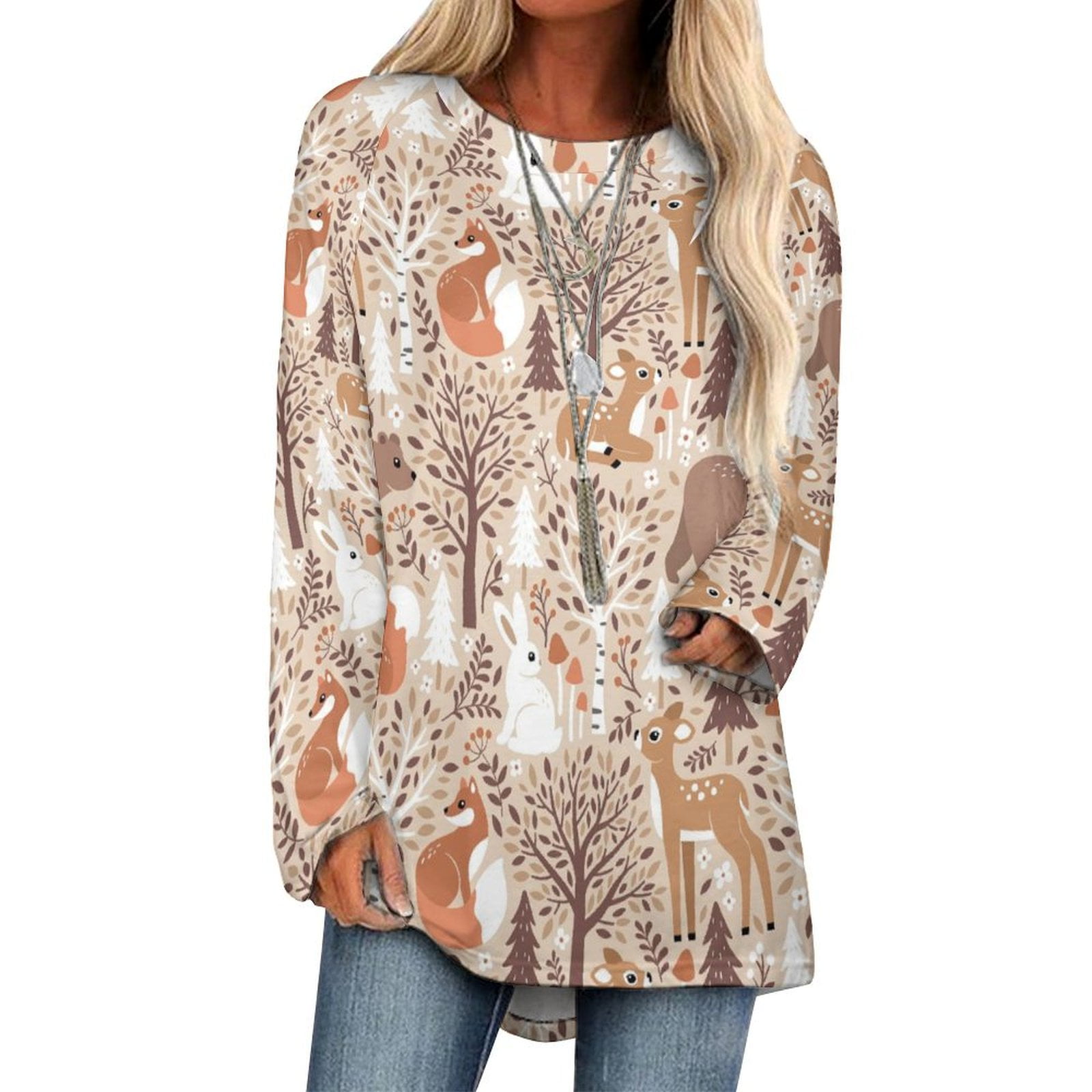 Long Sleeve Shirts for Women Woodland Animals in Neutral Tones Loose T ...