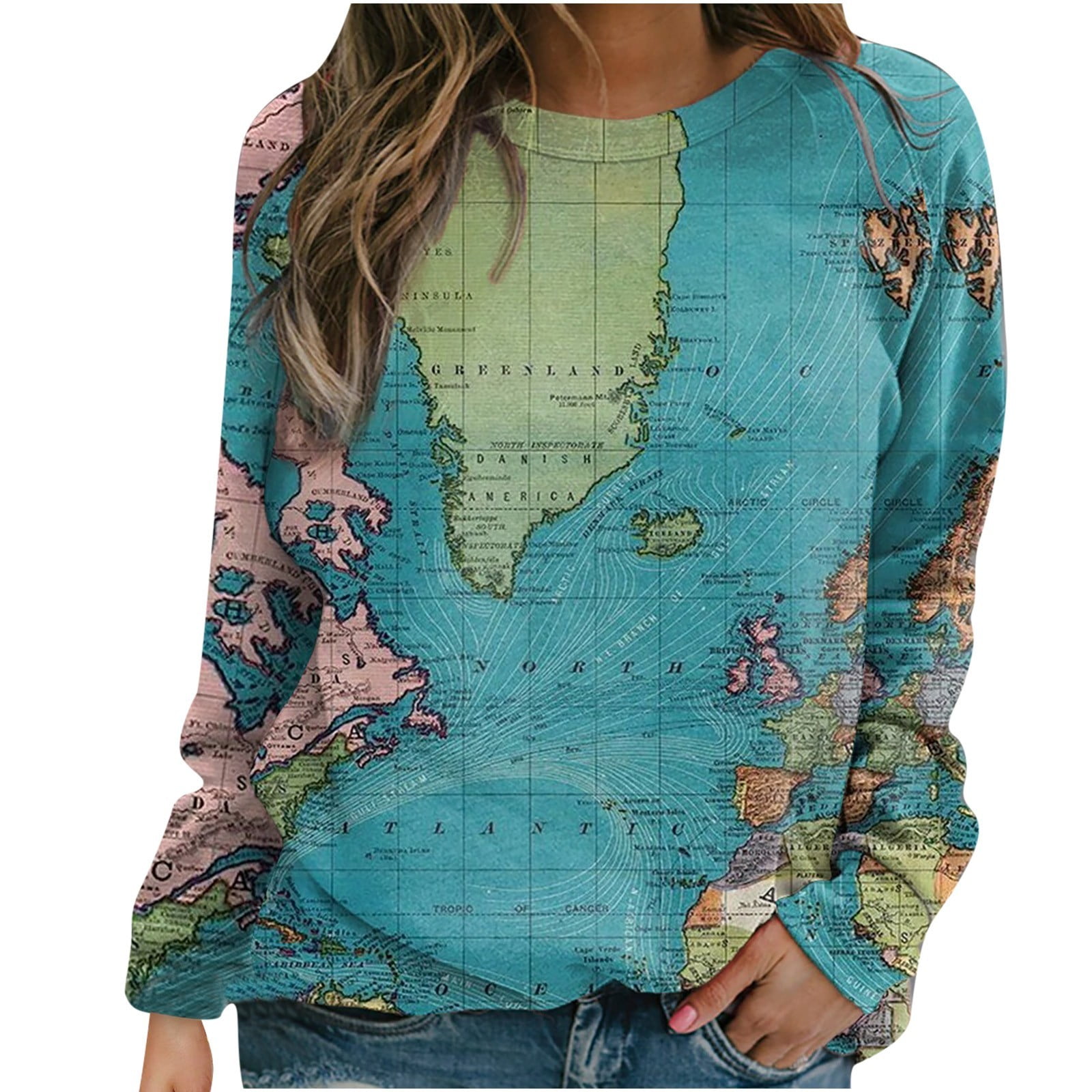 Long Sleeve Shirts for Women World Map Graphic Pullover Tops Trendy ...