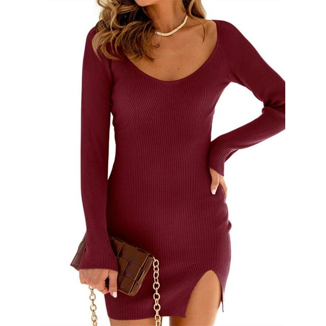 Long Sleeve Slim Fit Women Scoop Neck Knit Dress Ribbed Mini Dress