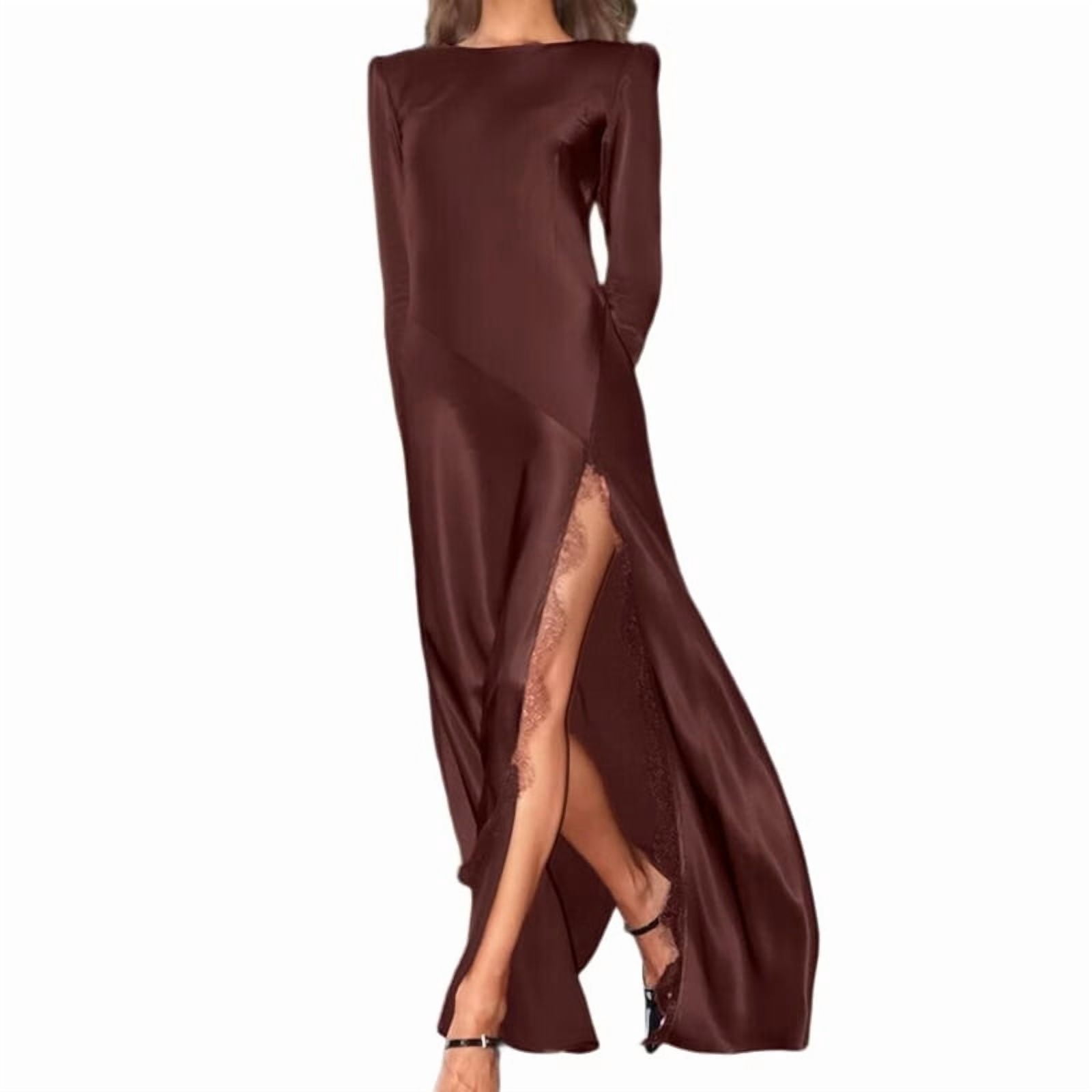 Long Sleeve Slit Formal Dresses for Women Wedding Guest Party Modest ...