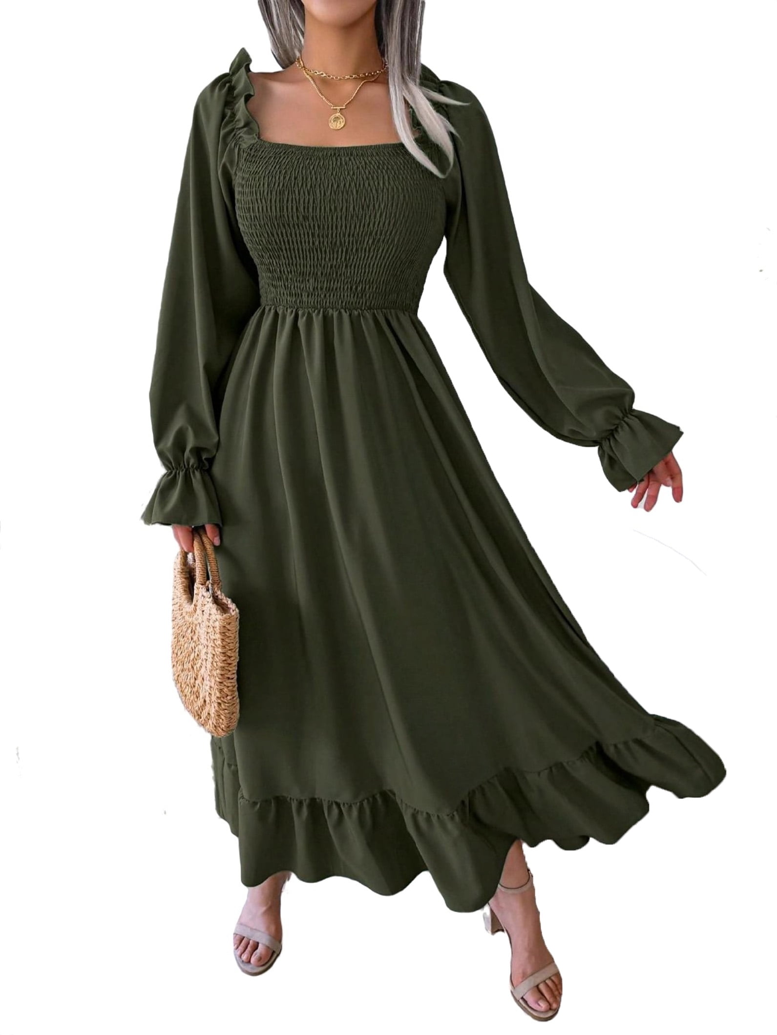 Long Sleeve Square Neck Plain Long Slight Stretch Army Green Color A ...