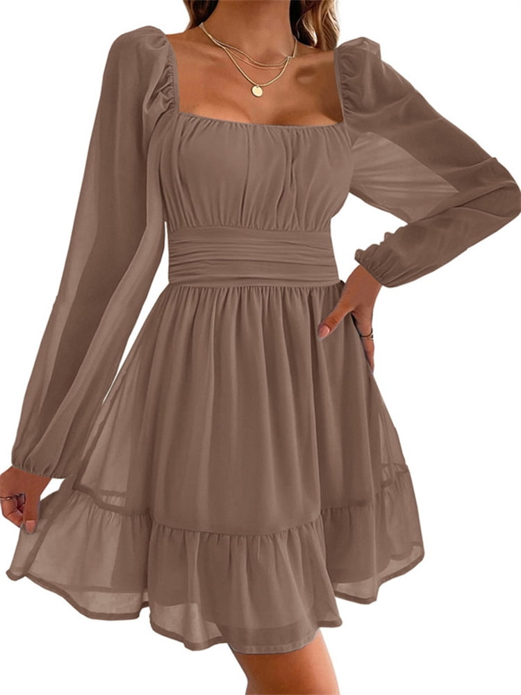Long Sleeve Square Neckline Women Mesh Ruffle Dress - Walmart.com