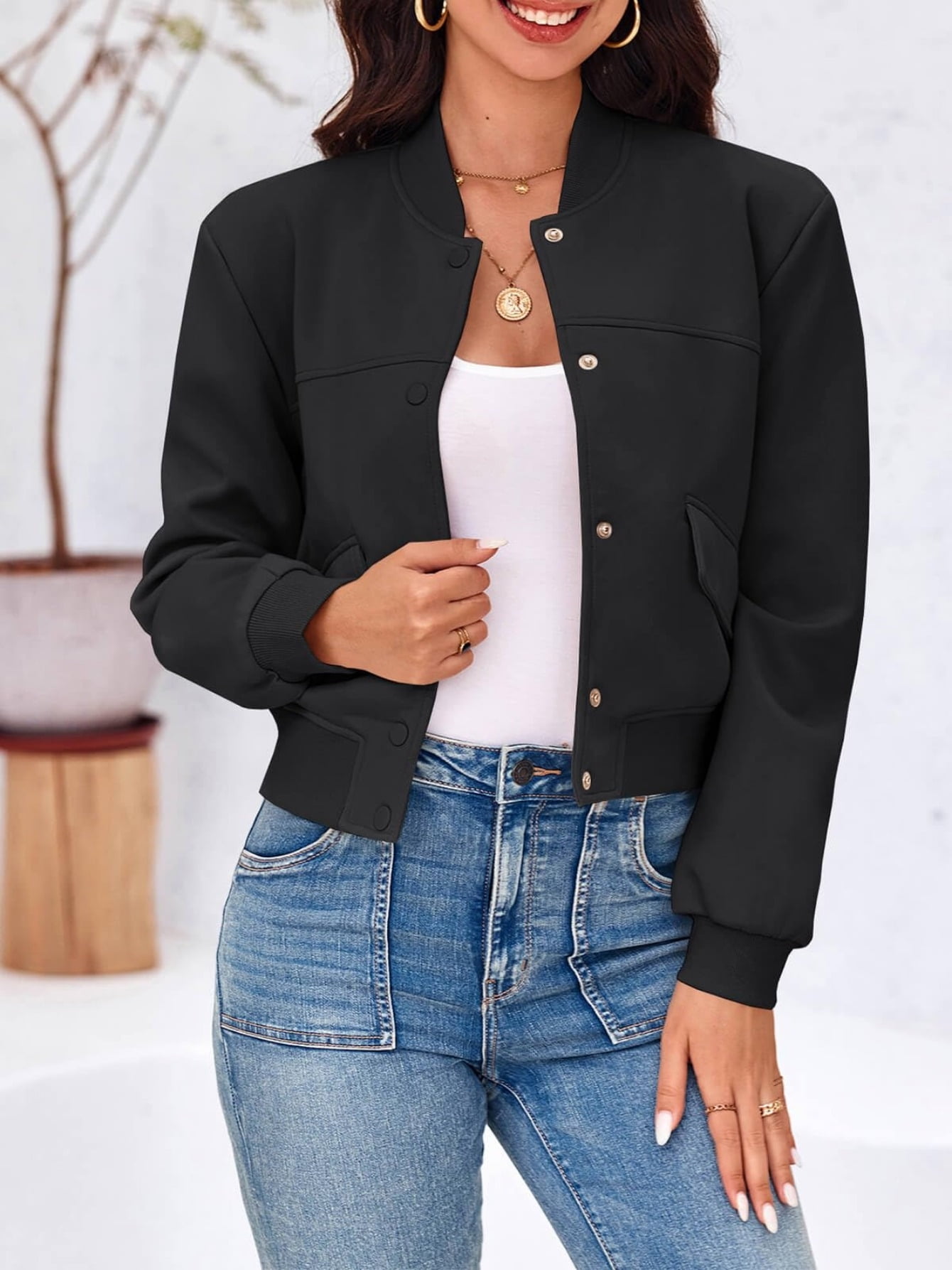 Long Sleeve Stand Collar Varsity Shacket Coats Womens Casual Button ...
