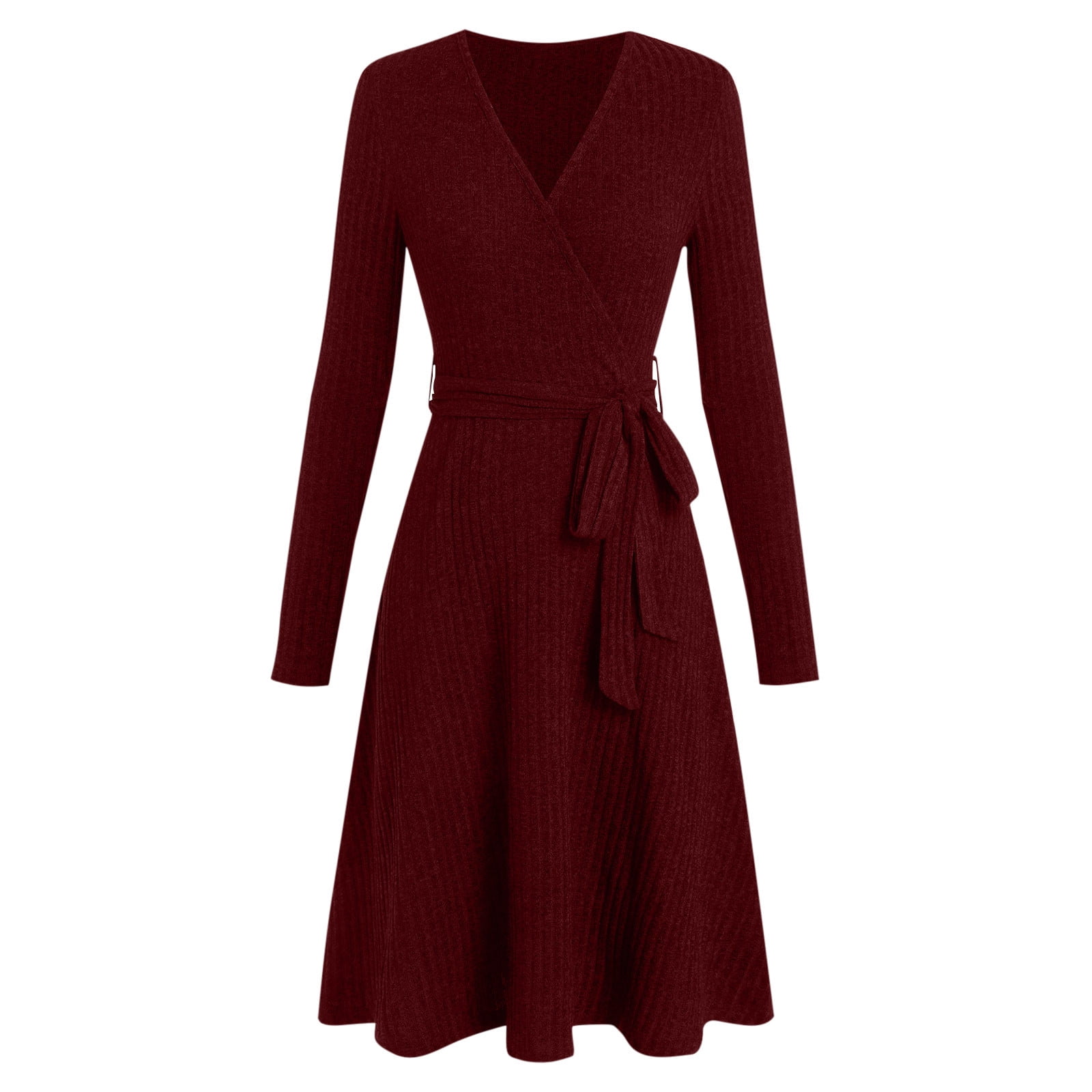 Long Sleeve Sweater Dresses Womens Spring 2026 V Neck Empire Waist Belt ...
