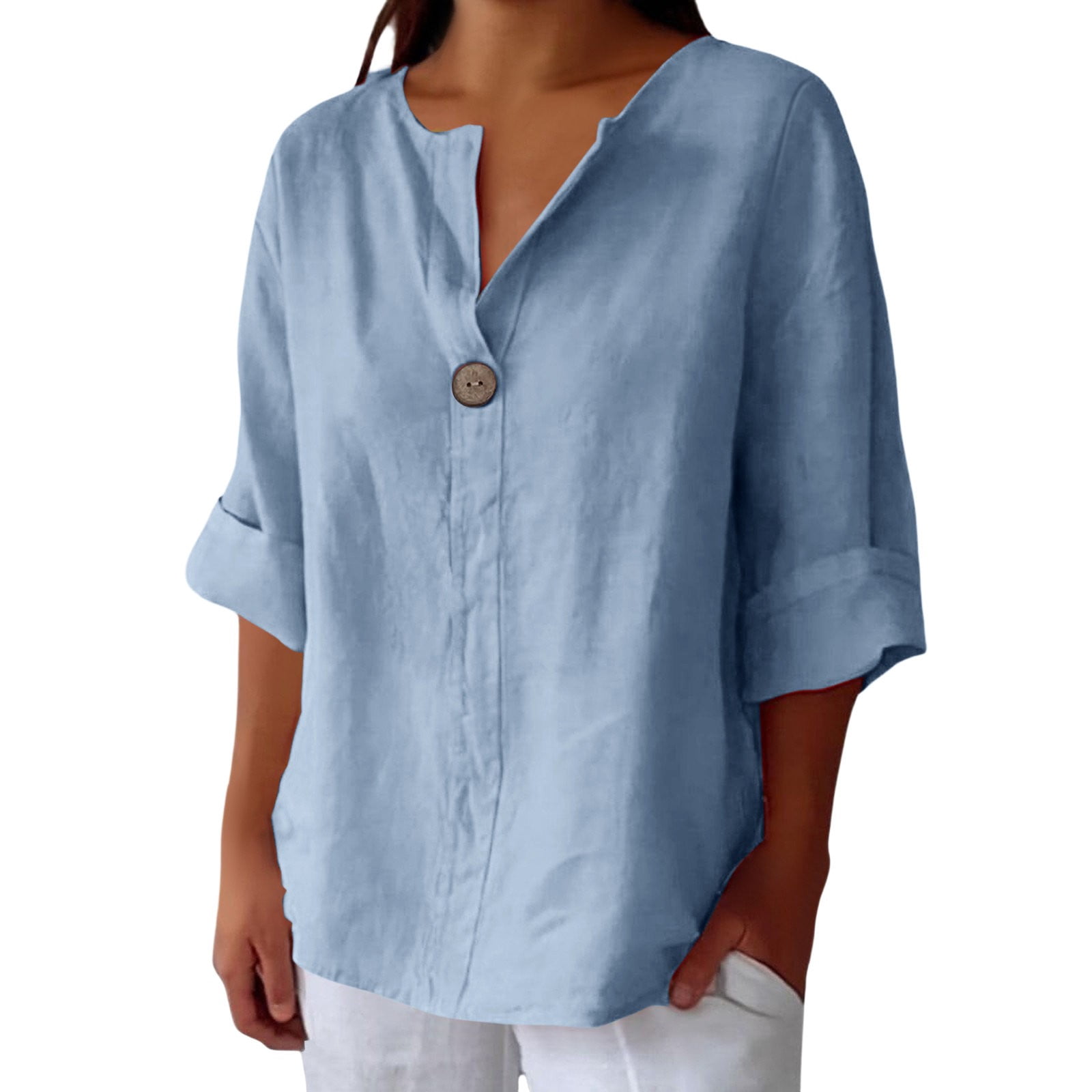 Long Sleeve T-shirt for Women Soft Summer Linen V Neck Half Loose Fit ...