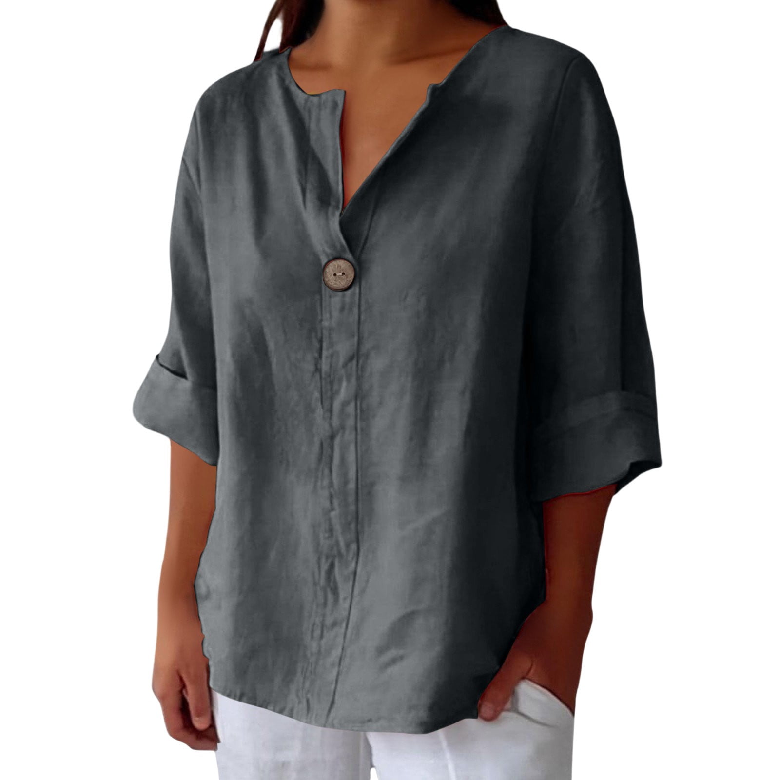 Long Sleeve T-shirt for Women Soft Summer Linen V Neck Half Loose Fit ...