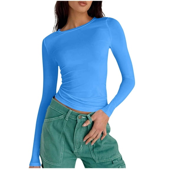 Long Sleeve Tops Women Solid Cotton Crop Tops Casual Crew Neck Basic T Shirts Slim Fit Going Out ...