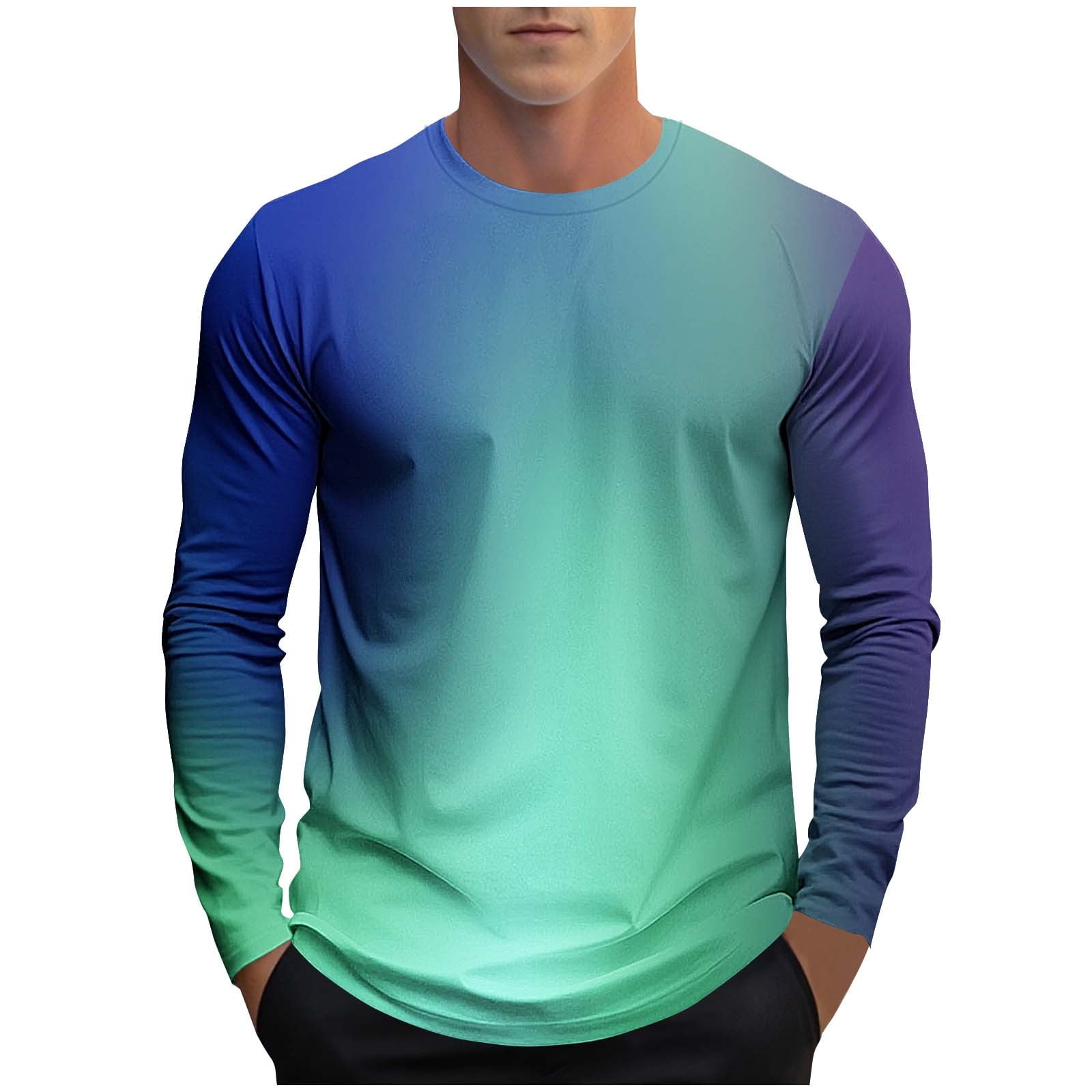 Men's Casual Tshirts Gradient Color Long Sleeve Fashion T-Shirts Round ...