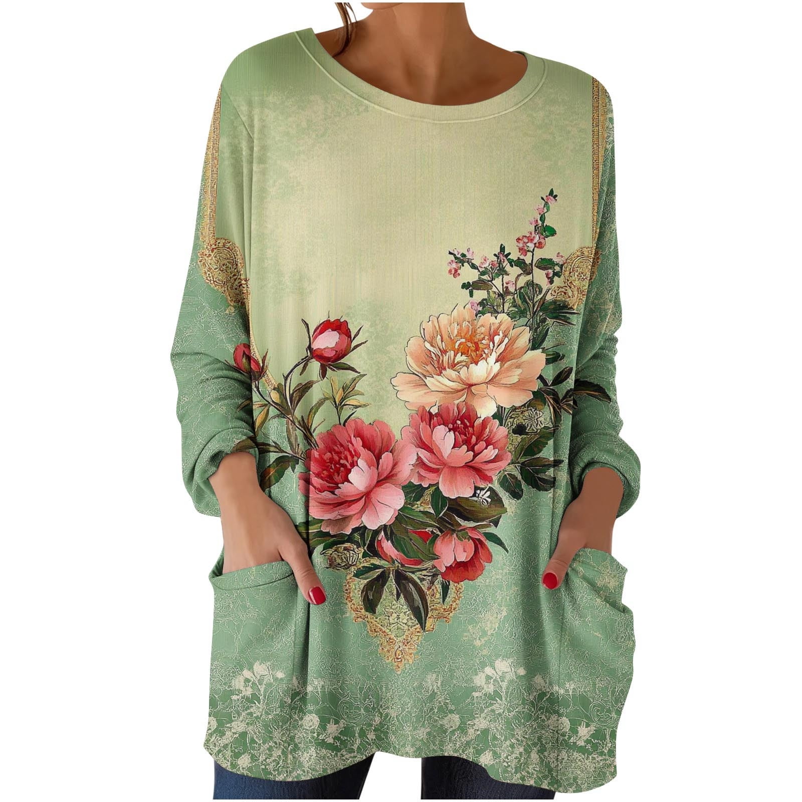 Long Sleeve Tunic Tops for Women Vintage Floral Print Crew Neck Shirts ...
