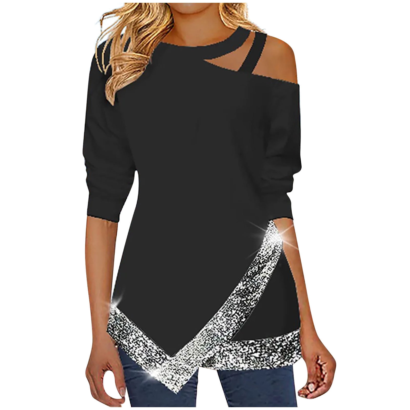 Long Sleeve Tunic Tops for Women Fashion Sequin Patchwork Asymmetric ...