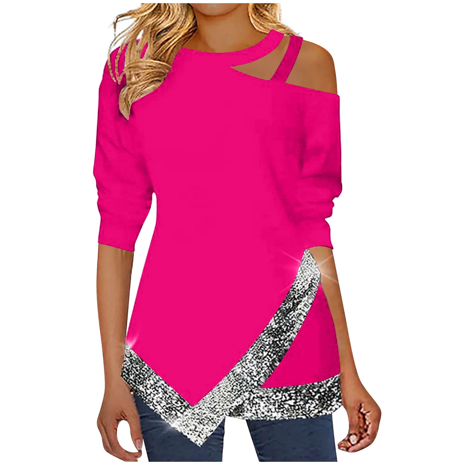 Long Sleeve Tunic Tops For Women Fashion Sequin Patchwork Asymmetric