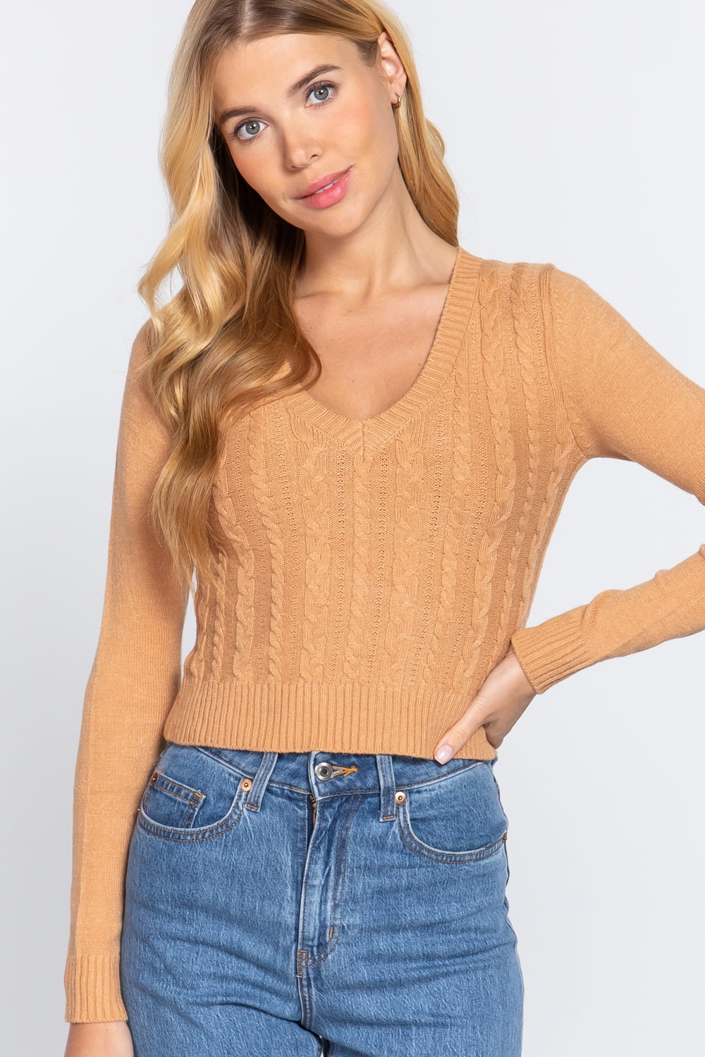 Long Sleeve V-neck Cable Sweater Honeycomb M - Walmart.com