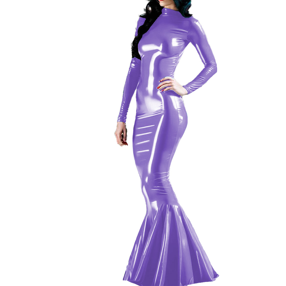 Long Sleeve Wet PVC Leather Slim Long Mermaid Dress Maxi Dress for ...