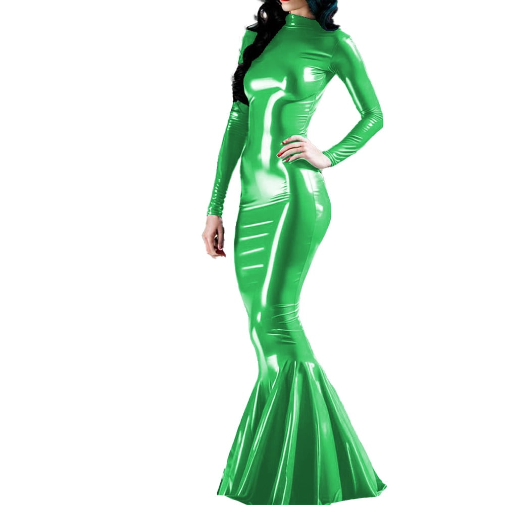 Long Sleeve Wet PVC Leather Slim Long Mermaid Dress Maxi Dress for ...