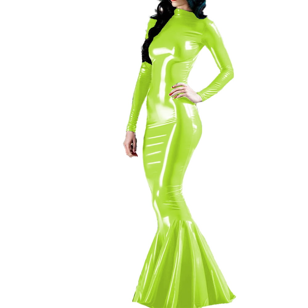 Long Sleeve Wet PVC Leather Slim Long Mermaid Dress Maxi Dress for ...