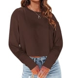 Long Sleeved Women Cropped T-Shirts Round Neck Drop Shoulder Crop Solid ...