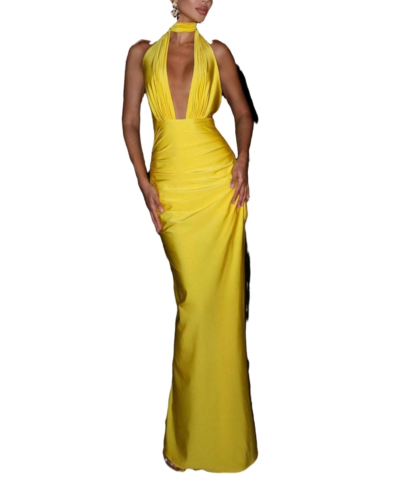 Long Sleeveless Solid Color V Neck Halter Backless Cocktail Dress with ...
