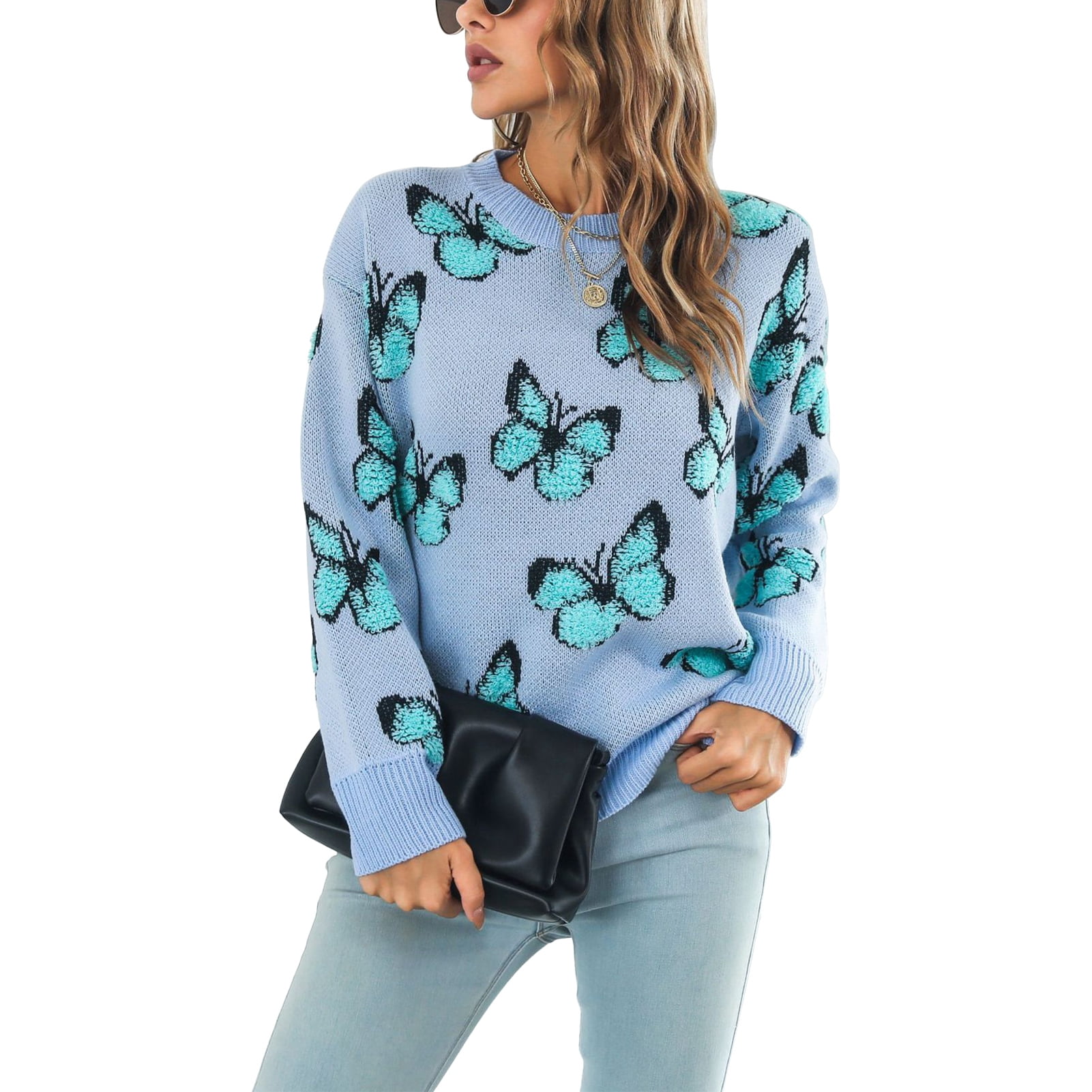 Long Sleeves Butterflies Sweater Crew Neck Stretch Neckline Fashionable ...