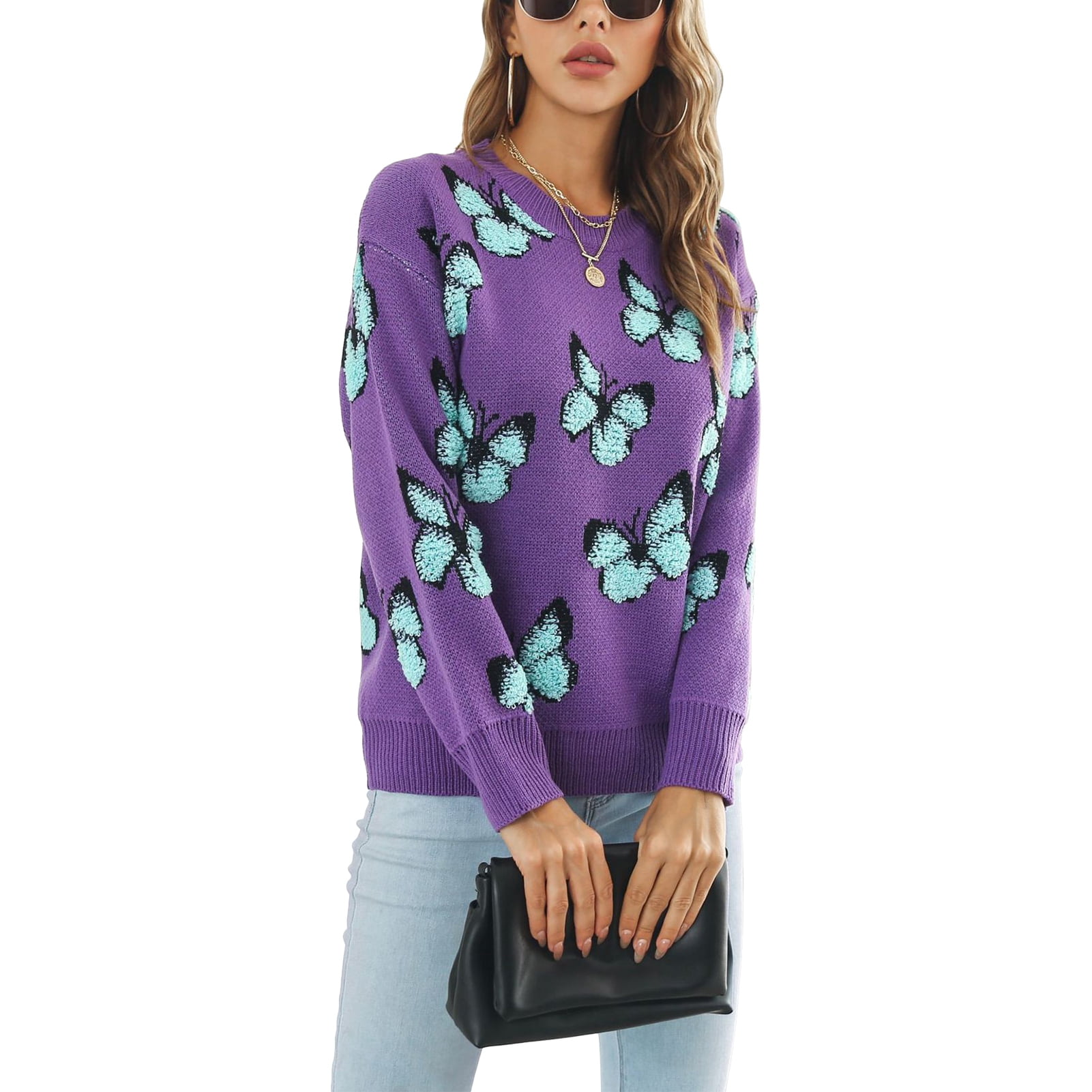 Long Sleeves Butterflies Sweater Crew Neck Stretch Neckline Fashionable ...