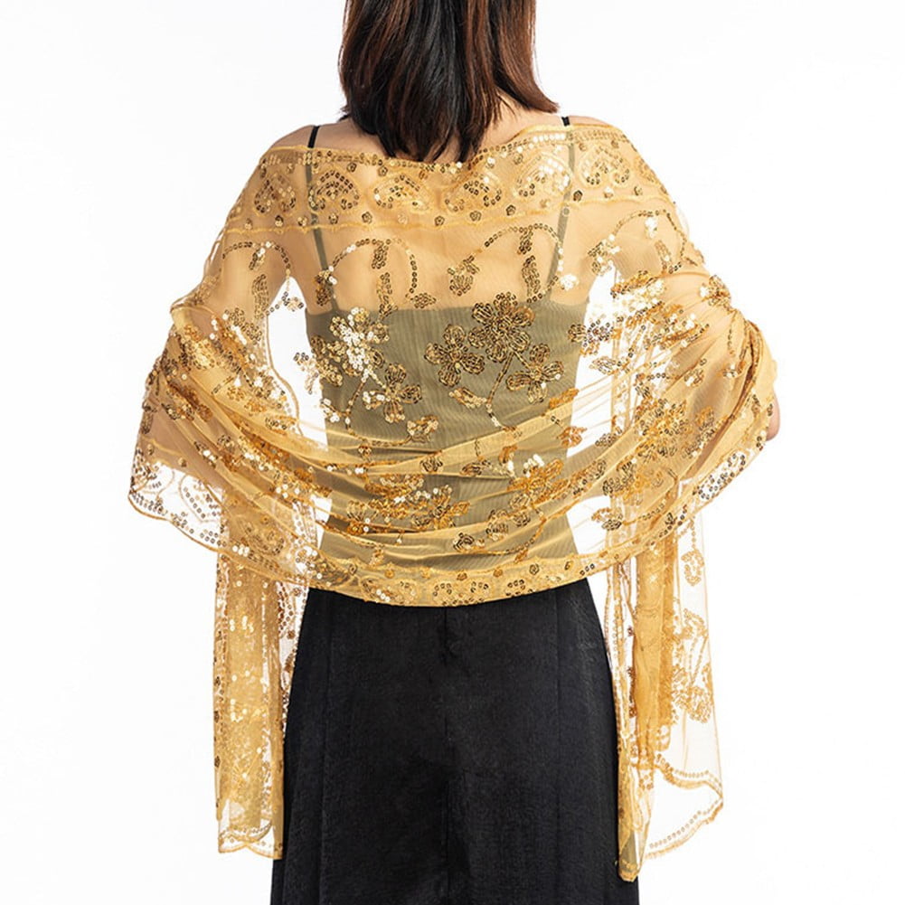 Long Sparkly Sequin Sheer Tulle Lace Embroidery Shawl Wrap Scarf ...