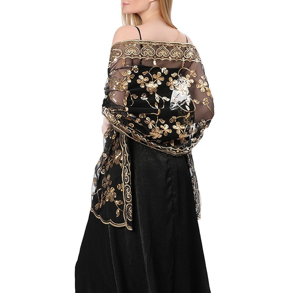 Long Sparkly Sequin Sheer Tulle Lace Embroidery Shawl Wrap Scarf ...