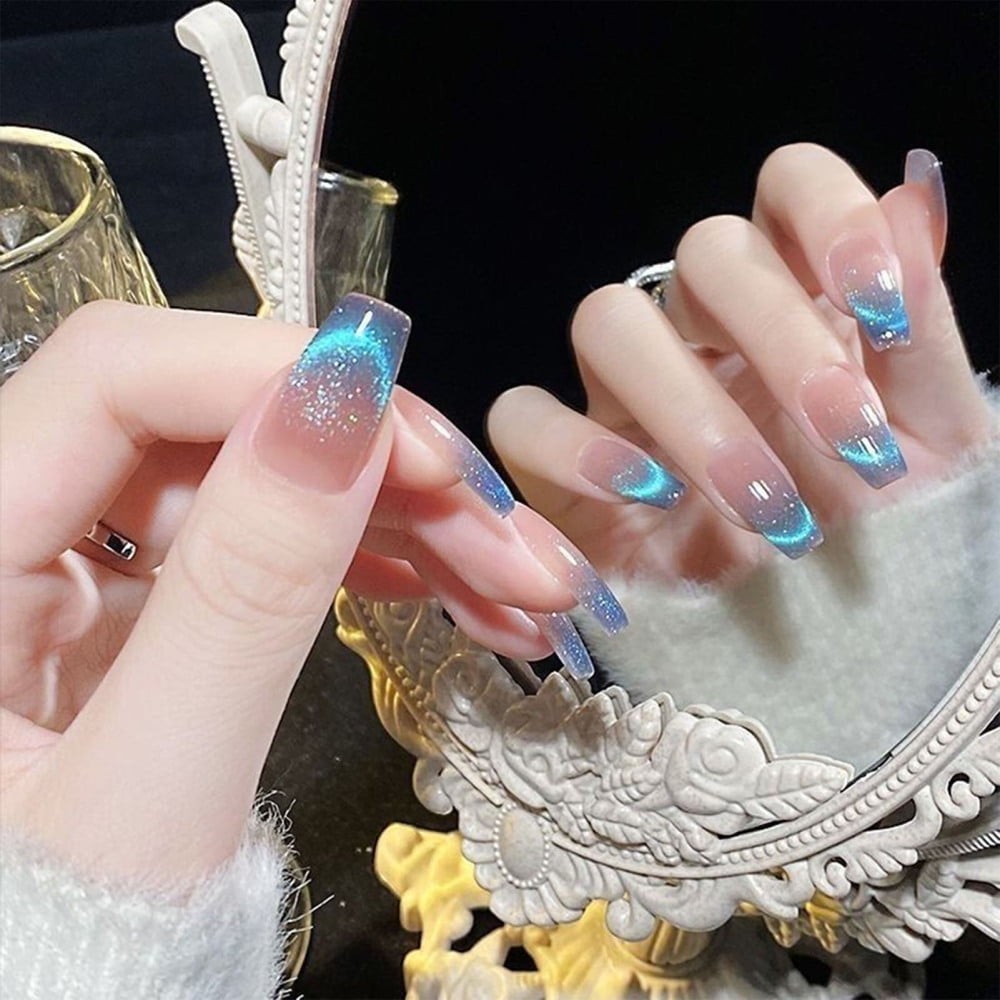 Long Square Glitter Fake Nails Fairy Gradient Color Plastic Long Coffin ...